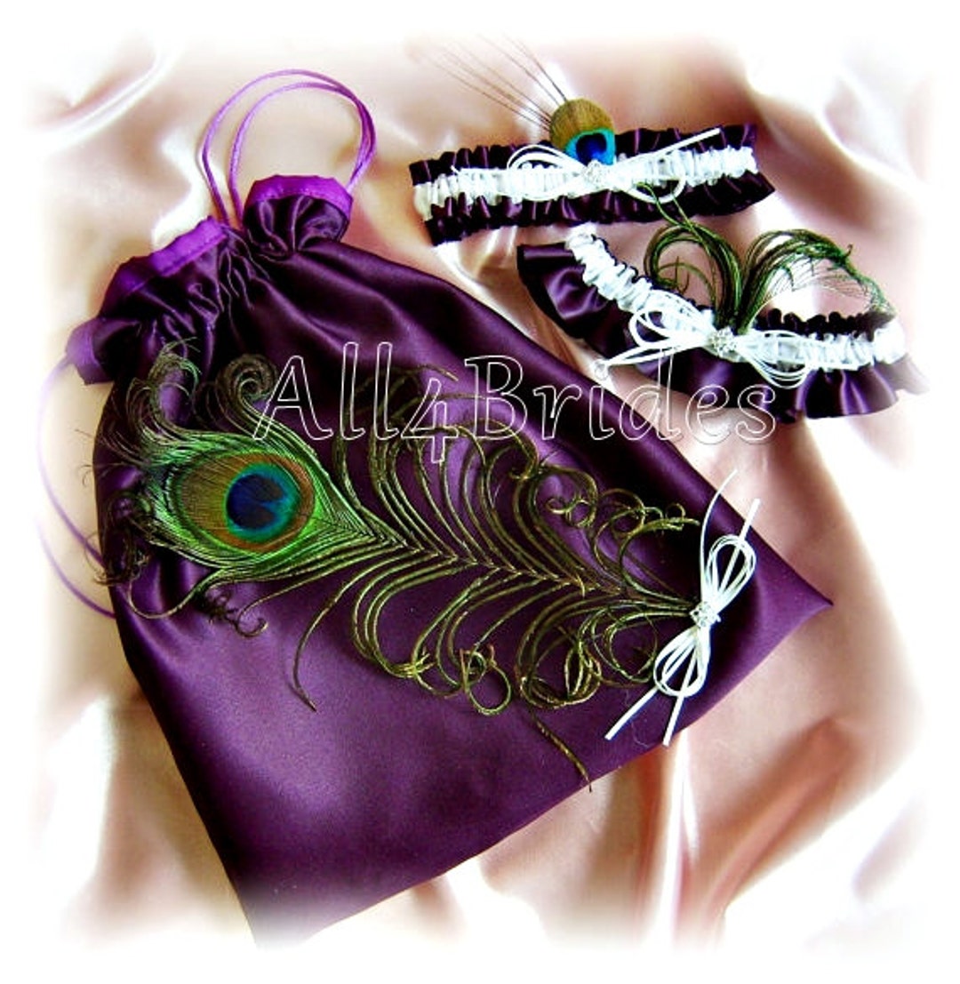 Peacock Wedding Bridal Leg Garters and Drawsting Bag, Wedding Money ...