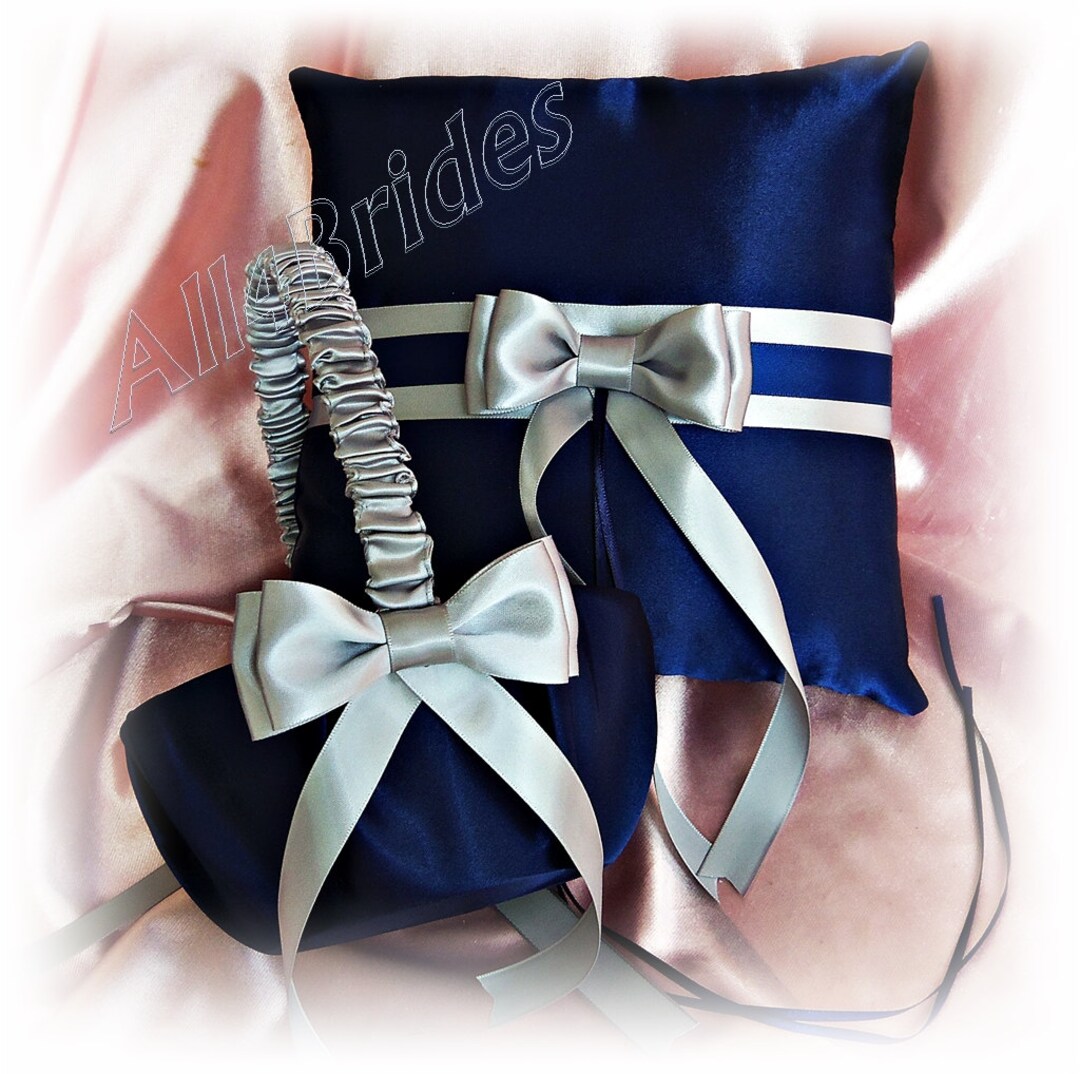 Wedding Navy Blue and Gray Ring Bearer Pillow and Flower Girl Basket ...