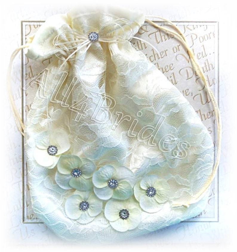 Ivory Satin and Lace Bridal Drawstring Bag With Hydrangea | Etsy