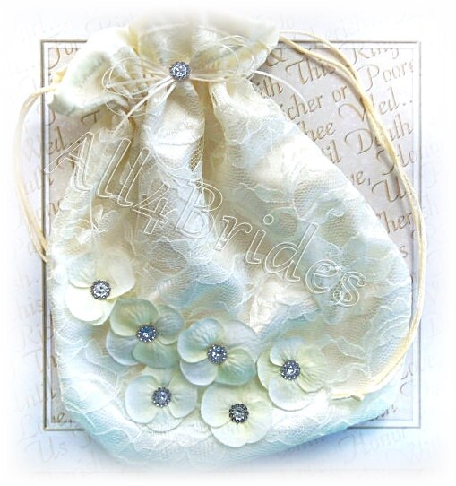 Ivory Satin and Lace Bridal Drawstring Bag With Hydrangea | Etsy