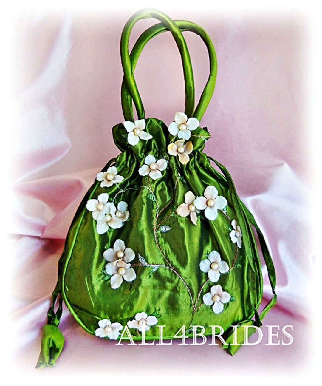 Drawstring Bag, Green and Ivory Bridal Bag, Wedding Money Dance Bag. - Etsy