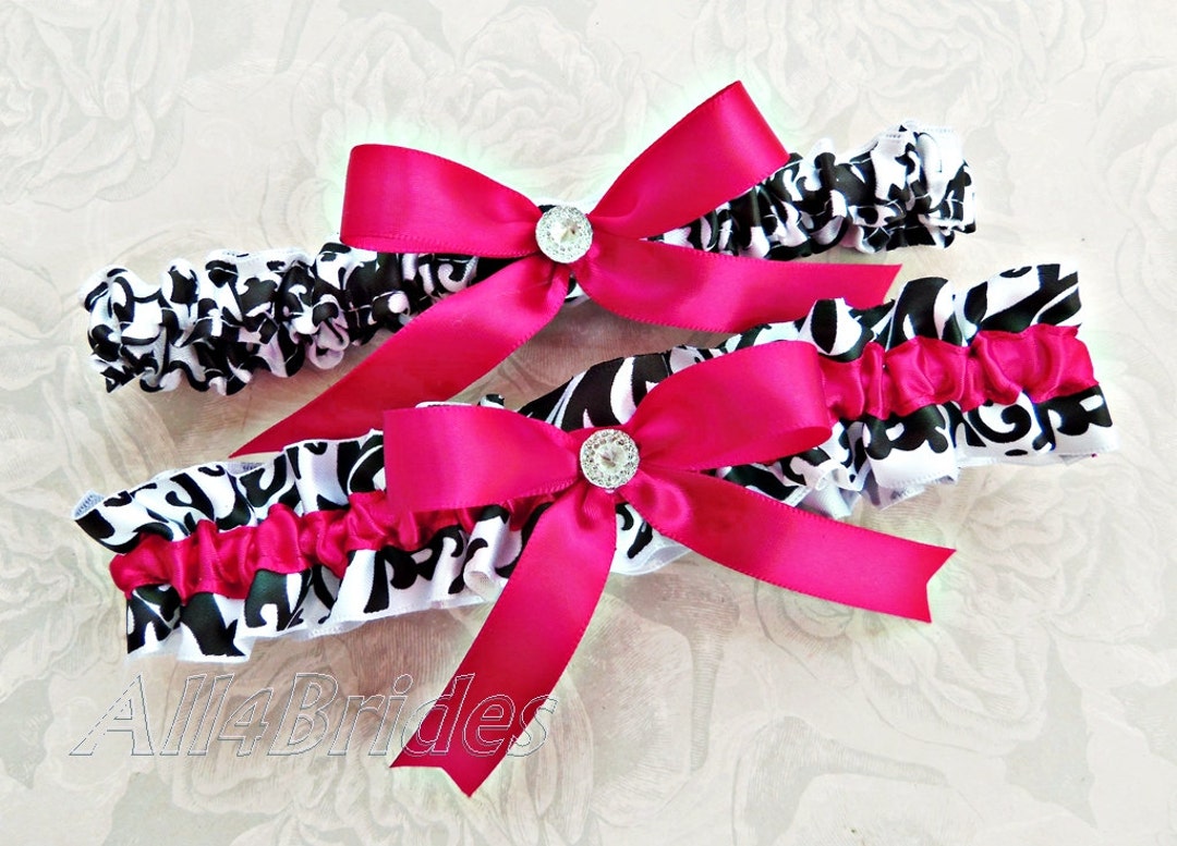 Wedding Leg Garters, Bridal Garter Set in Hot Pink and Damask Print ...