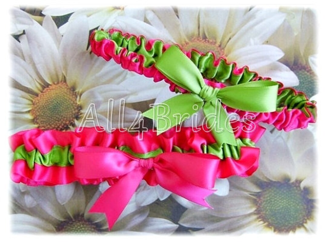 Wedding Leg Garter Belt Set Hot Pink and Green, Bridal Keepsake and ...