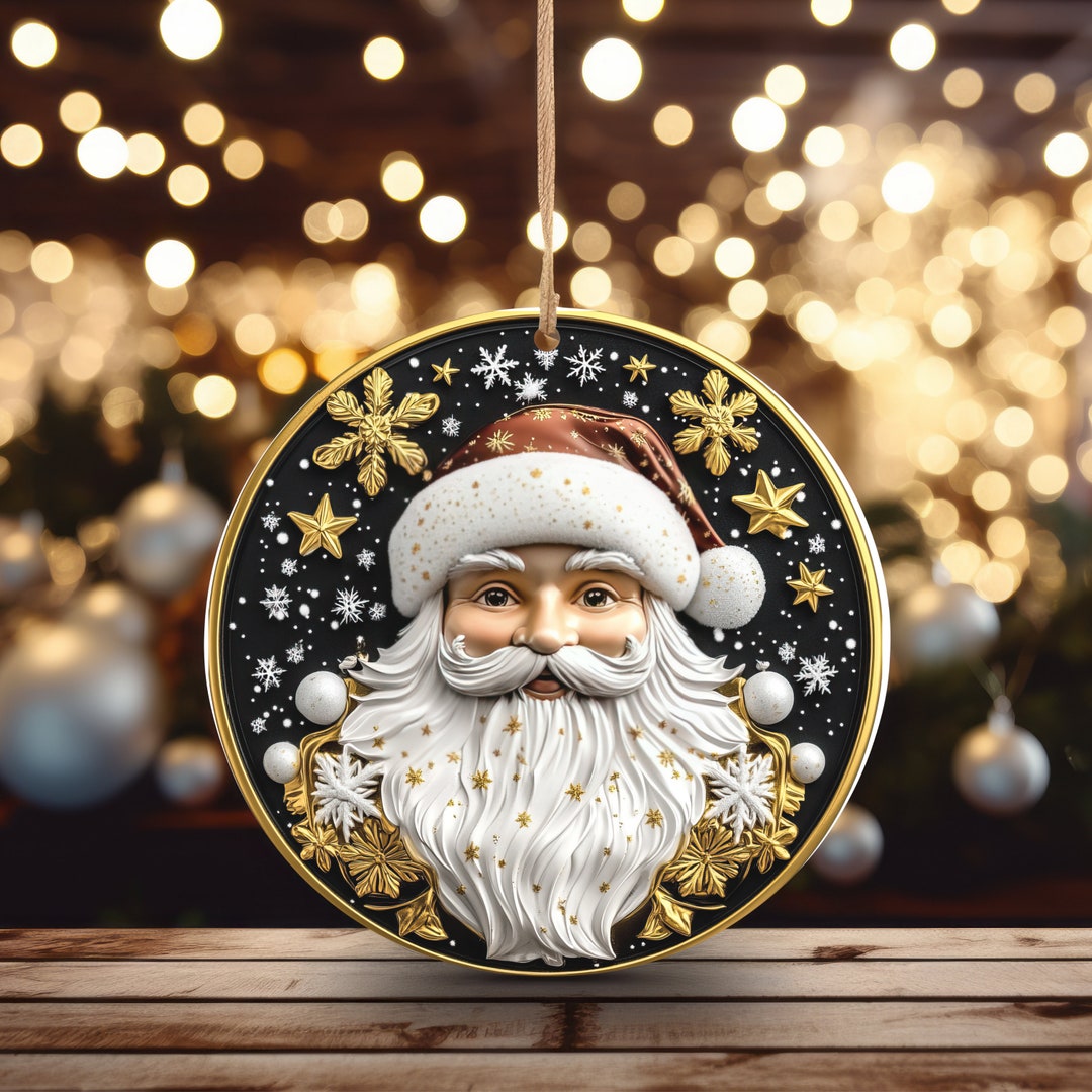 3D Illusion Santa With Gold and White Snow Round Ceramic Christmas ...