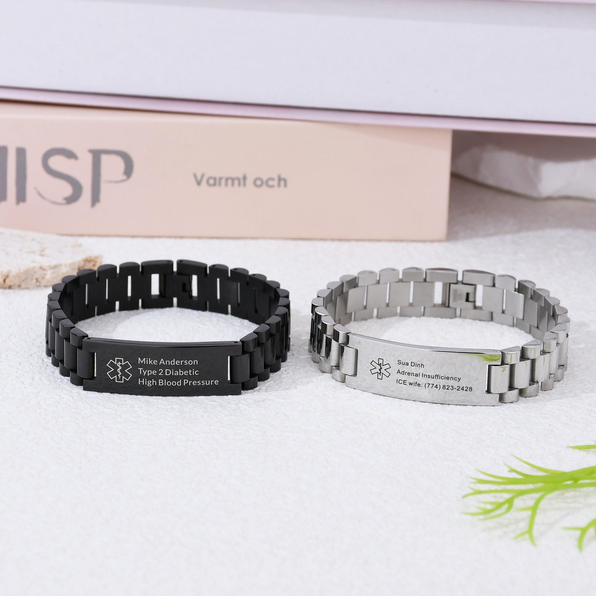 Personalised Medical Alert Bracelet Titanium Steel, Engraved ID ...