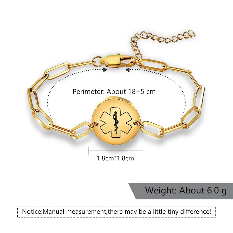 Women’s Engraved Medical ID Bracelet, Custom Adjustable Gold/ Silver ...