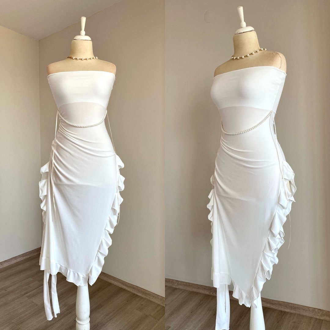 Midi Ruffled Dress, Women's White Frilly Dress, SEASIDE Dress, Fairy ...