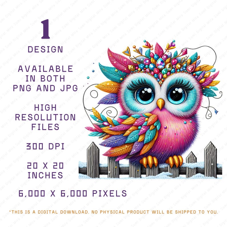 Rainbow Owl Clipart, Embroidered Style, Pink Owl Illustration (digital ...