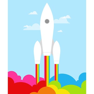 Retro Poster Rainbow Print Space Rocket Mid Century Modern Nursery Art ...