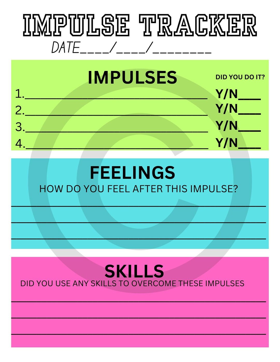 Impulse Tracker Printable DIGITAL DOWNLOAD Mental Health Printable - Etsy