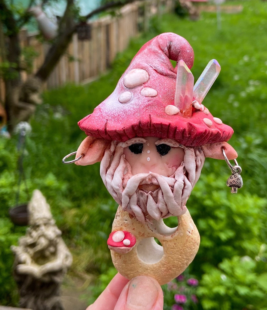 Hag Stone Shroom Wizard Gnome Brooch Pendant OOAK Wall Art Baddge Stone ...