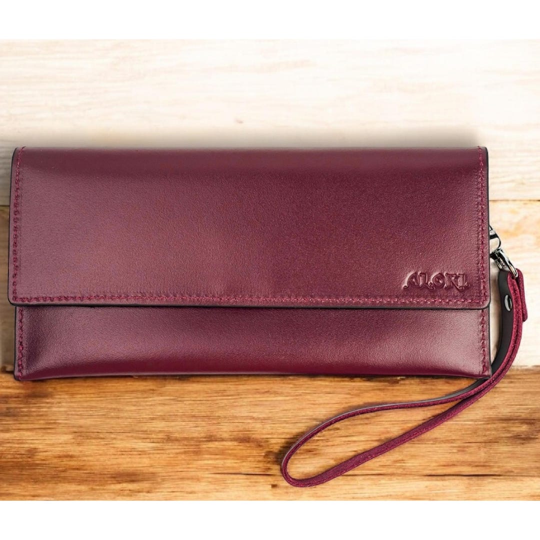 Cherry Red Smooth Leather Wallet for Women Long Clutch Purse With Snap ...