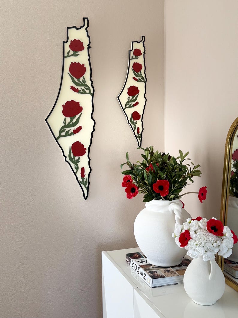 Wooden Palestine Map With Red Poppy Flower - Etsy
