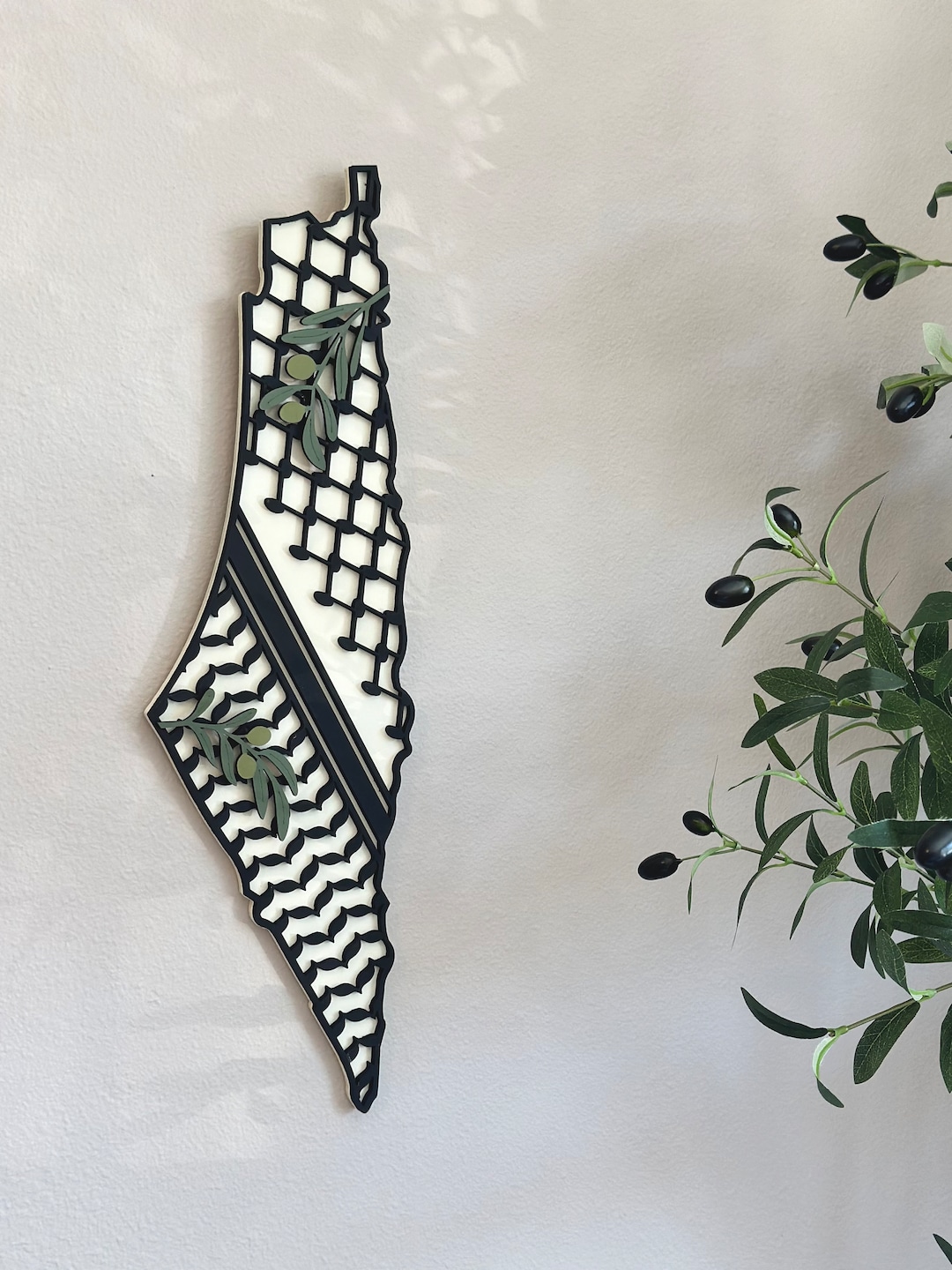 Wooden Palestine Map With Olive Leaves and Black Keffiyeh Patterns - Etsy