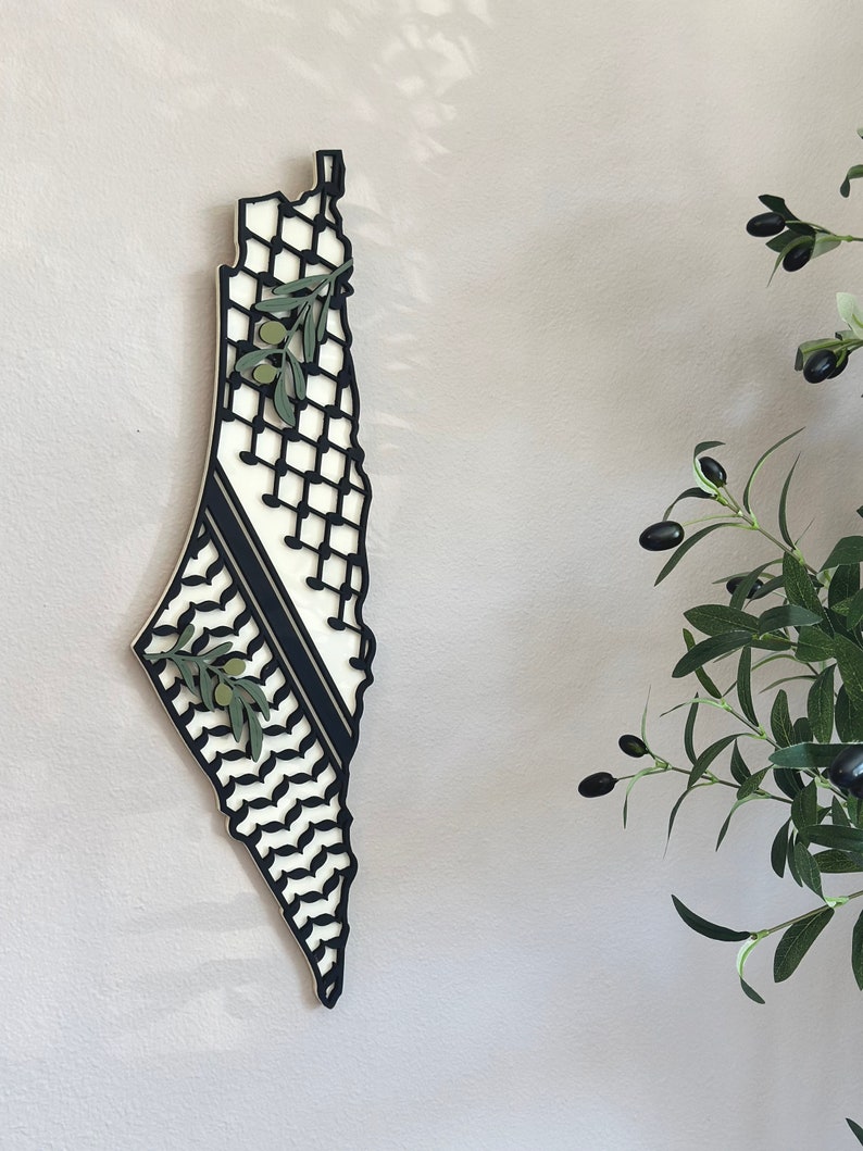 Wooden Palestine Map With Olive Leaves and Black Keffiyeh Patterns - Etsy