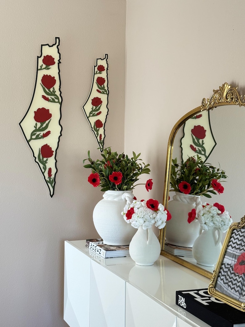 Wooden Palestine Map With Red Poppy Flower - Etsy
