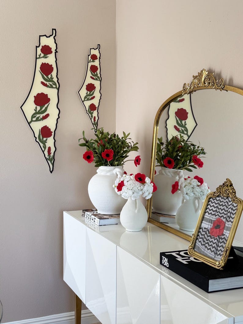 Wooden Palestine Map With Red Poppy Flower - Etsy