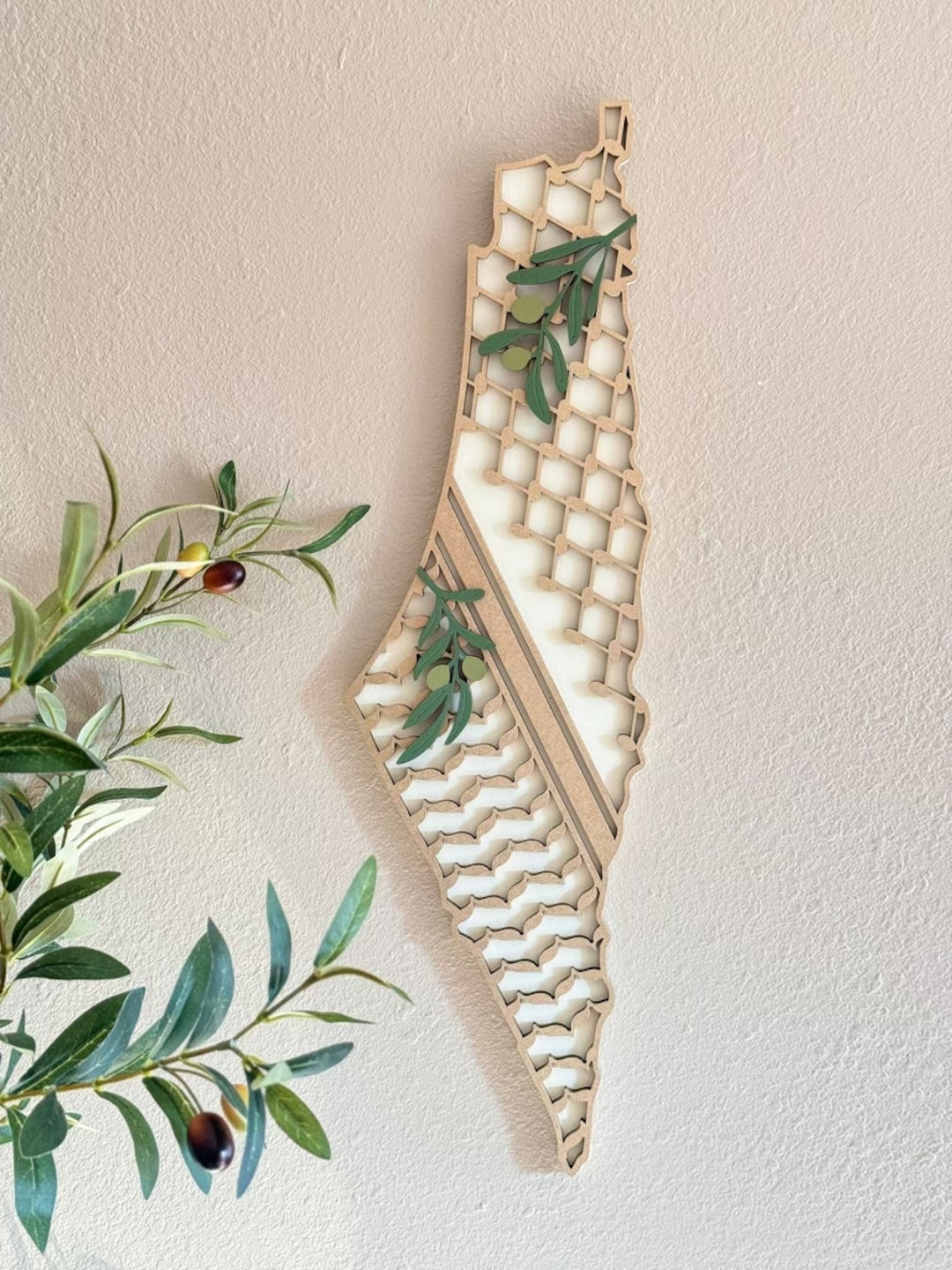 Wooden Palestine Map With Olive Leaves and Gold Keffiyeh Patterns - Etsy