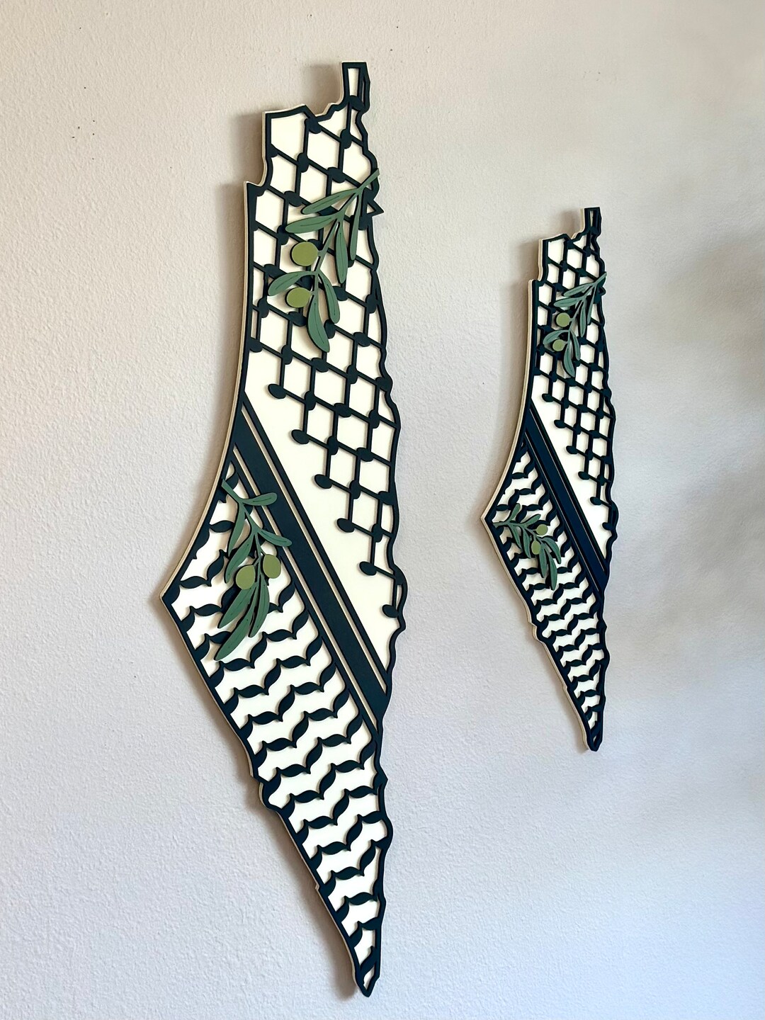 Wooden Palestine Map With Olive Leaves and Black Keffiyeh Patterns ...