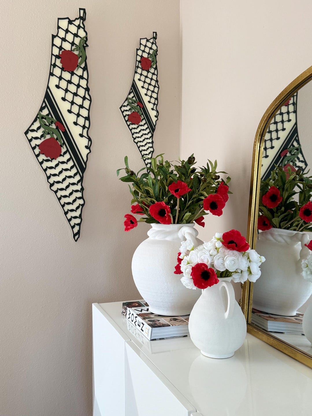 Wooden Palestine Map With Red Poppy Flower and Black Keffiyeh Patterns ...