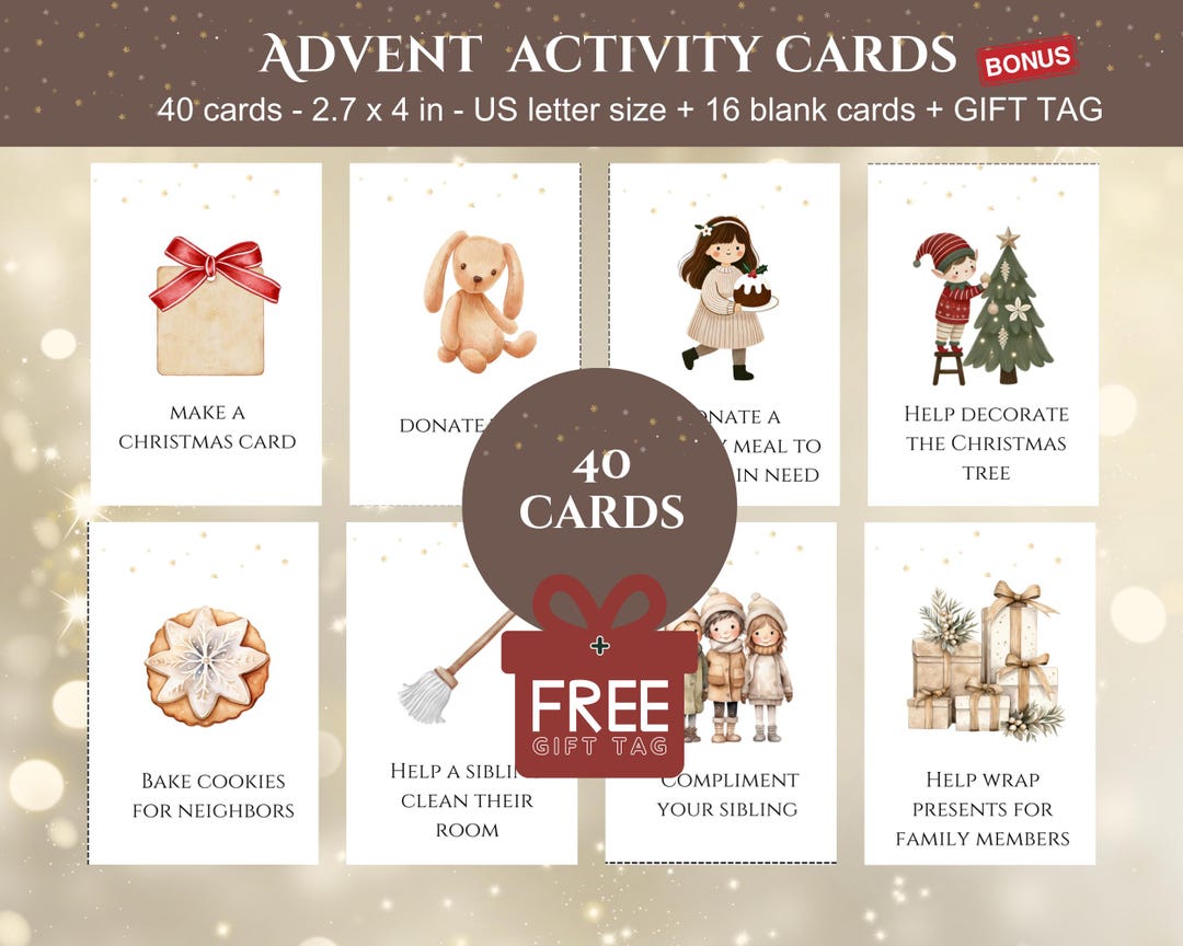 Advent Calendar Activity Cards, Kids Advent Cards Printable, Christmas ...