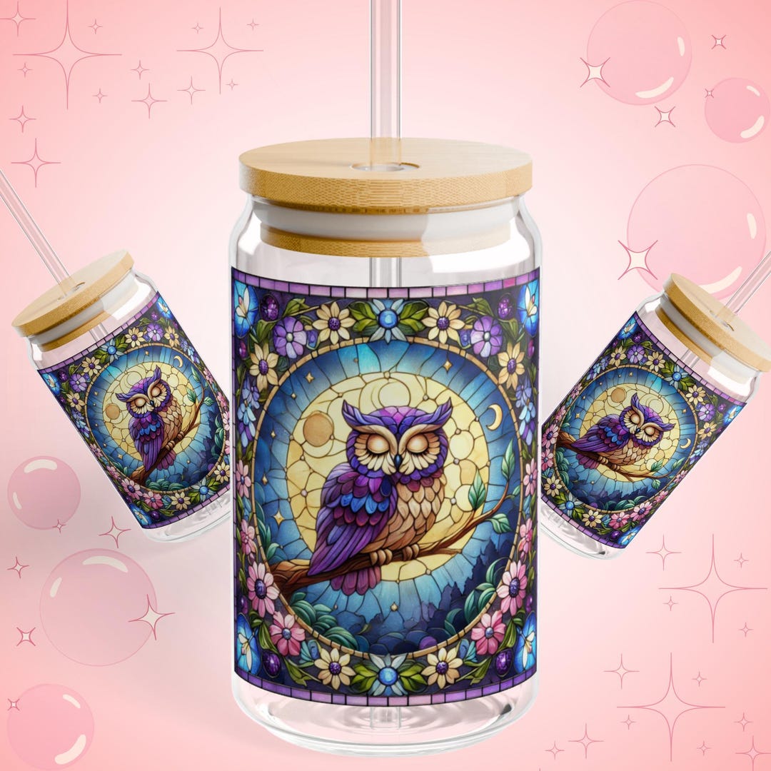 Night Owl Stained Glass Sipper Glass, 16oz Bamboo Lid Tumbler With ...