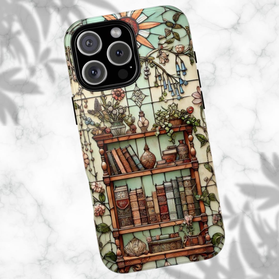 Stained Glass Effect Boho Bookcase iPhone Case, Cottagecore Floral ...