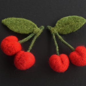 Needle Felted Cherries - Felted Fruit - Double Stem With Leaf - Wool ...