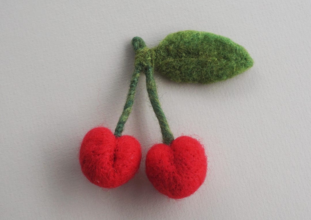 Needle Felted Cherries - Felted Fruit - Double Stem With Leaf - Wool ...