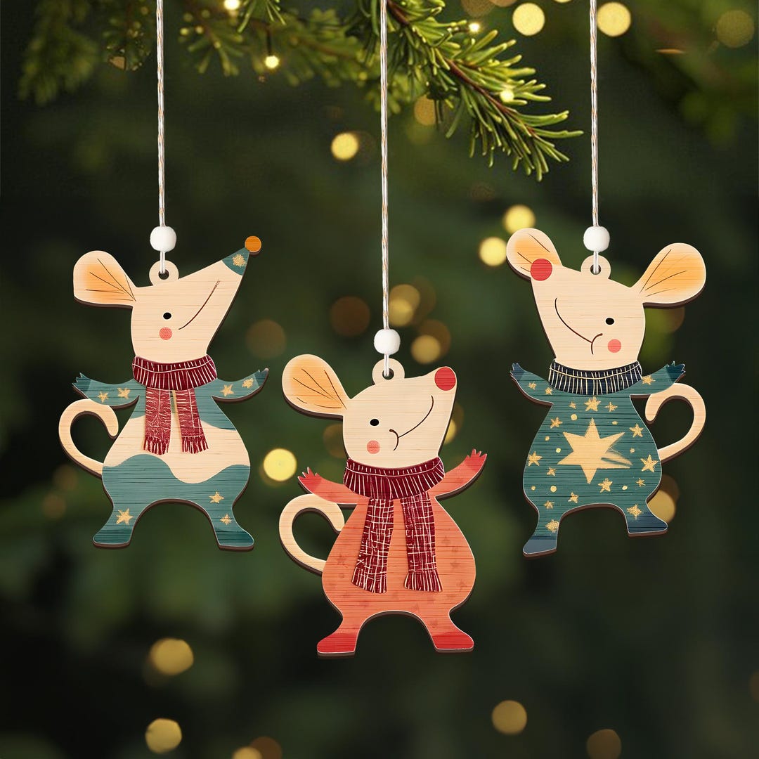 Christmas Mouse Wooden Ornament, Xmas Bauble Set, Handmade Cute Mouse ...