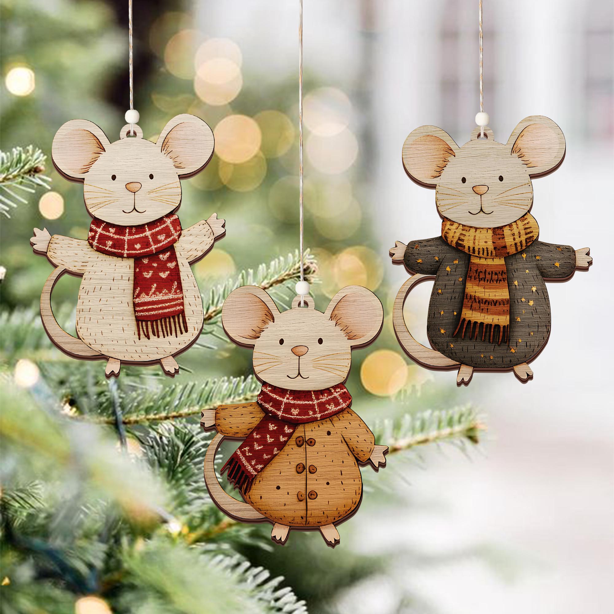 Christmas Mouse & Star Wooden Ornament, Xmas Bauble Set, Handmade Cute ...
