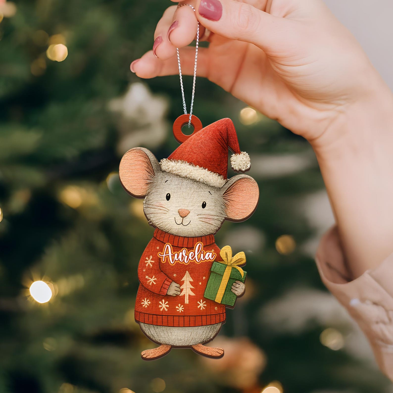Christmas Mouse Wooden Ornament, Custom Xmas Bauble Set, Handmade Cute ...