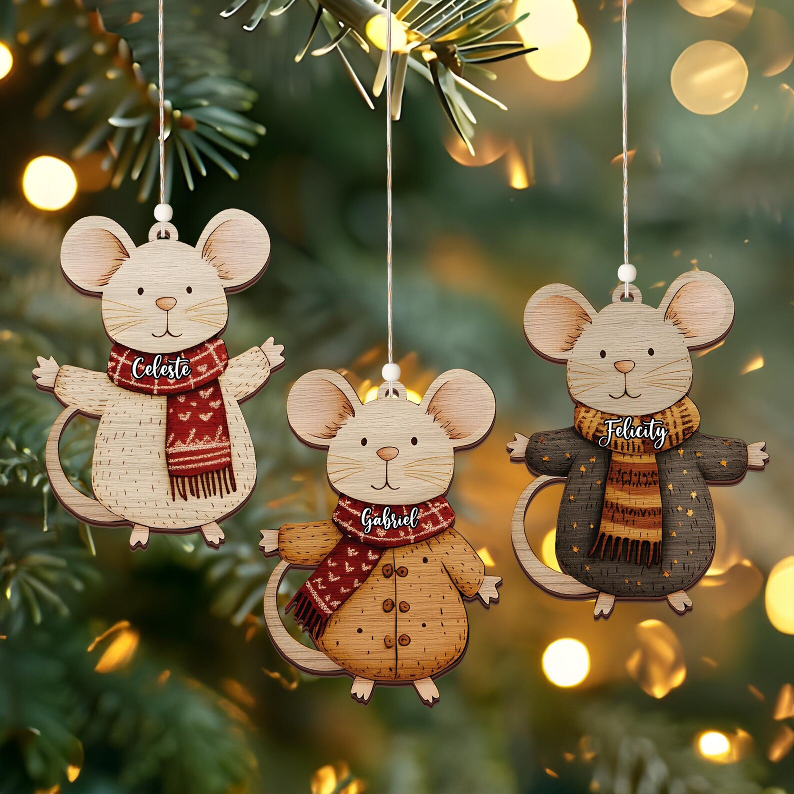 Personalized Christmas Mouse Wooden Ornament, Custom Name Handmade Cute ...