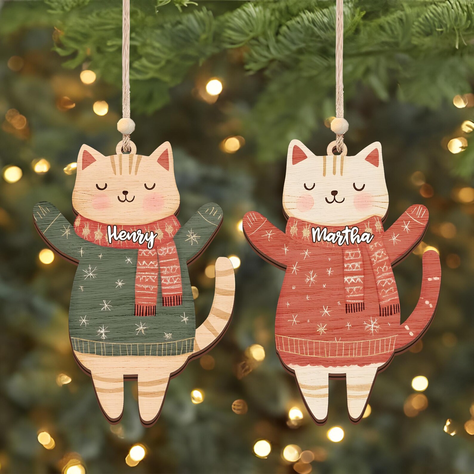 Custom Christmas Cat Wooden Ornament, Xmas Bauble Set, Personalized Cat ...