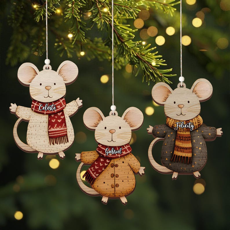 Personalized Christmas Mouse Wooden Ornament, Custom Name Handmade Cute ...