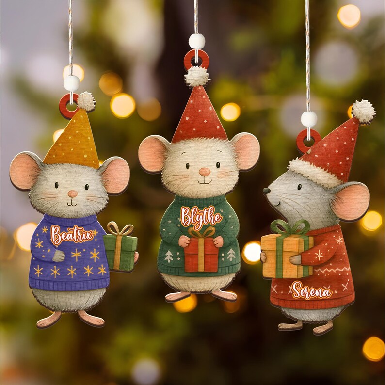 Christmas Mouse Wooden Ornament, Custom Xmas Bauble Set, Handmade Cute ...