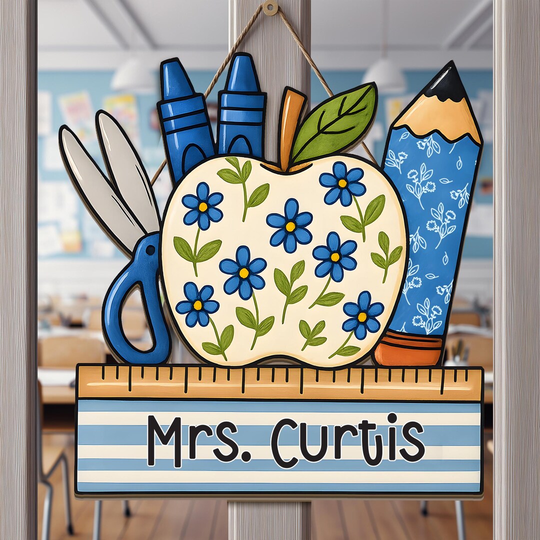 Personalized Teacher Door Sign, Floral Apple Classroom Decor, Back to ...