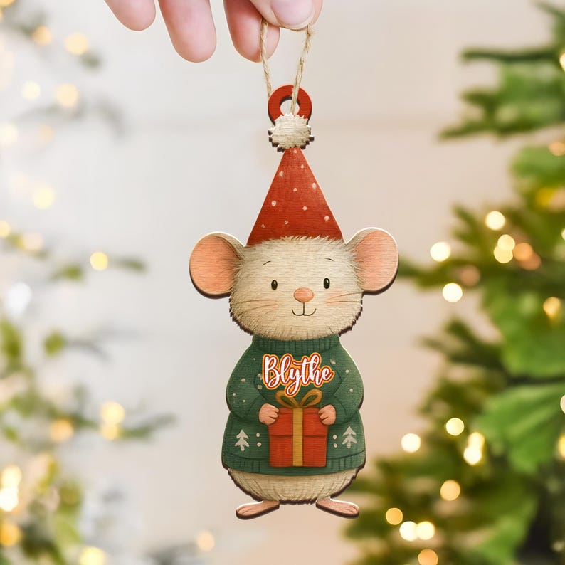 Christmas Mouse Wooden Ornament, Custom Xmas Bauble Set, Handmade Cute ...
