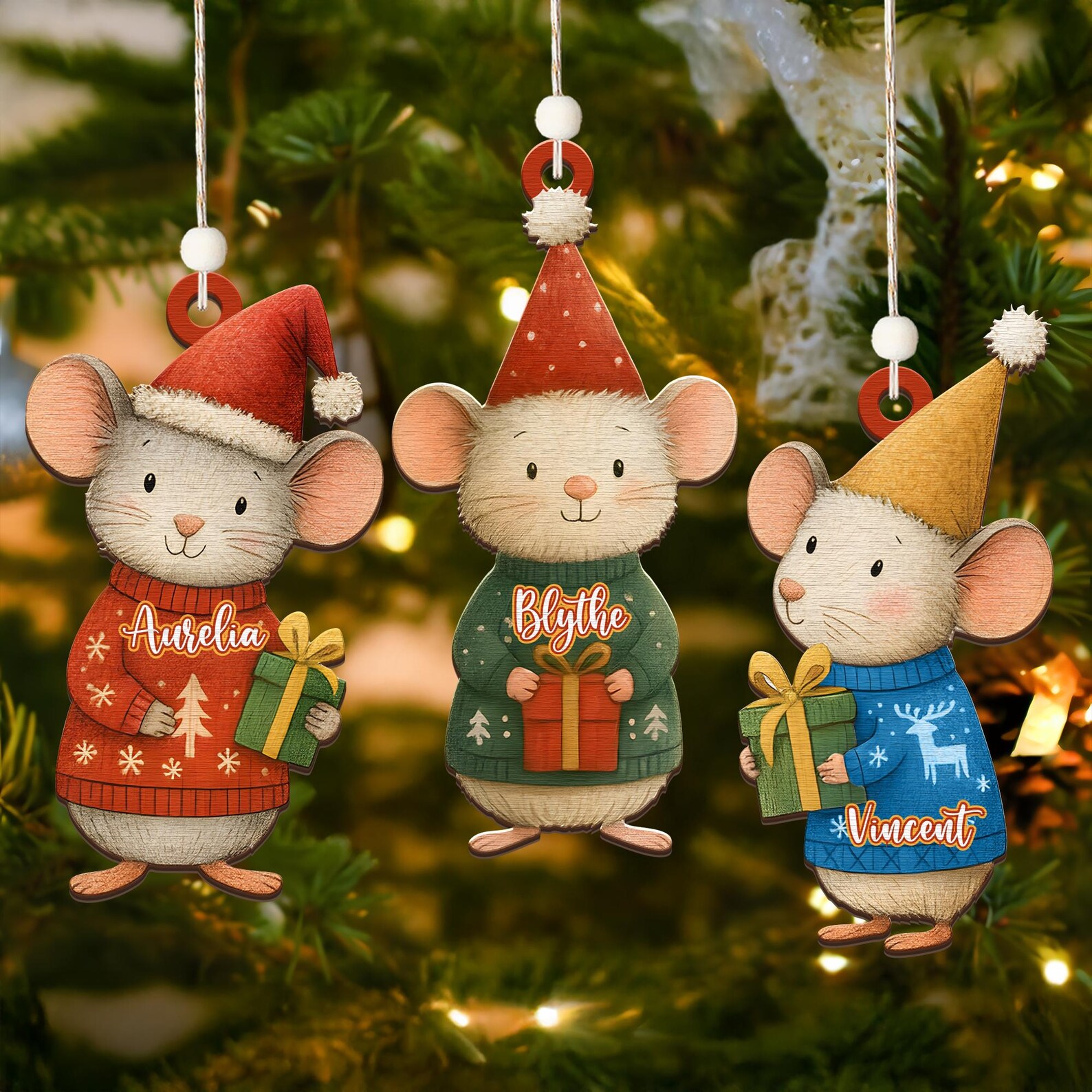 Christmas Mouse Wooden Ornament, Custom Xmas Bauble Set, Handmade Cute ...