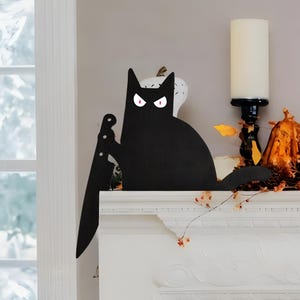 Black Cat Door Corner Sign, Halloween Funny Cat With Knife, Door Frame ...