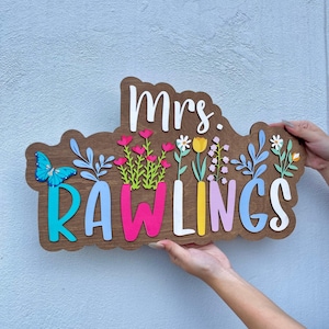 Personalized 3D Floral Teacher Door Sign, Classroom Door Hanger ...