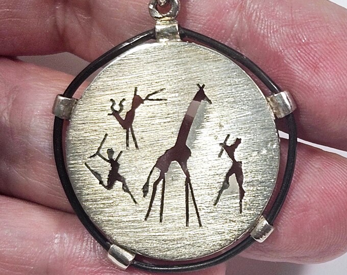 African Safari Themed Pendant Giraffe Deer Hunter Scene Sterling Silver ...