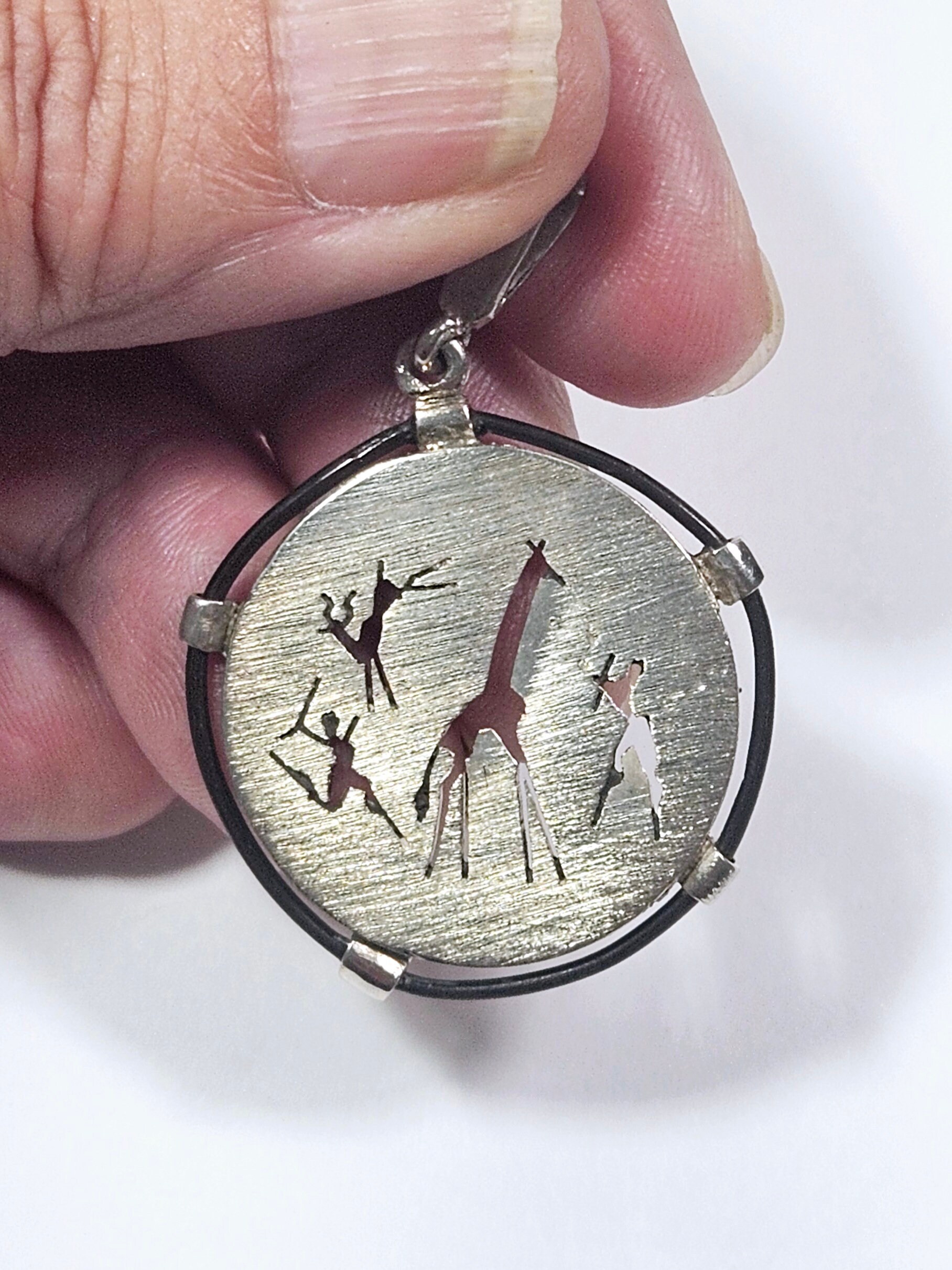 African Safari Themed Pendant Giraffe Deer Hunter Scene Sterling Silver ...