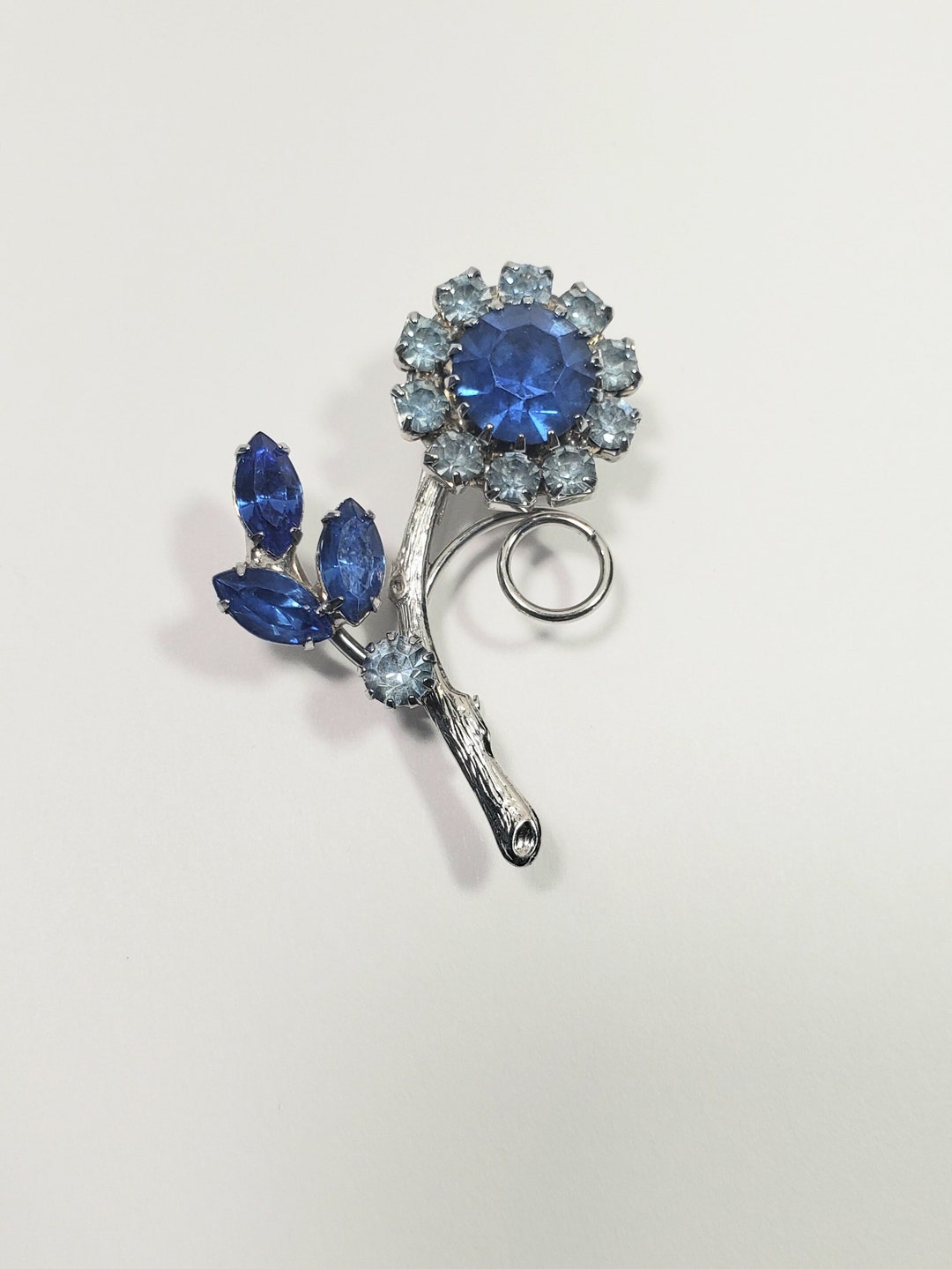 Vintage Rhinestone Flower Brooch Pin Silver and Two Tone Blue Prong Set ...