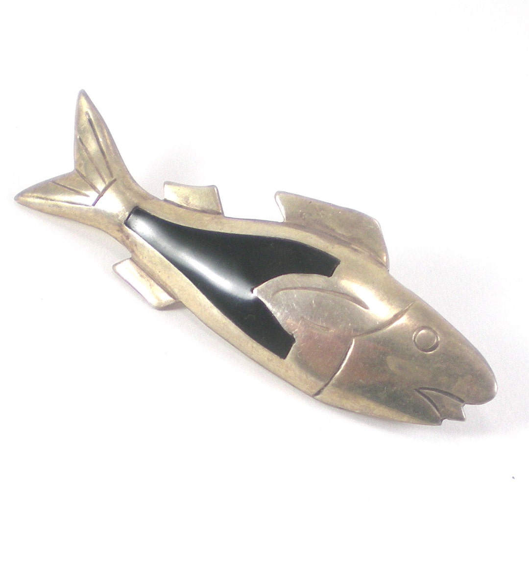 Fish Brooch Pin Vintage Taxco Mexico Eagle 3 Mark Sterling Silver Black ...