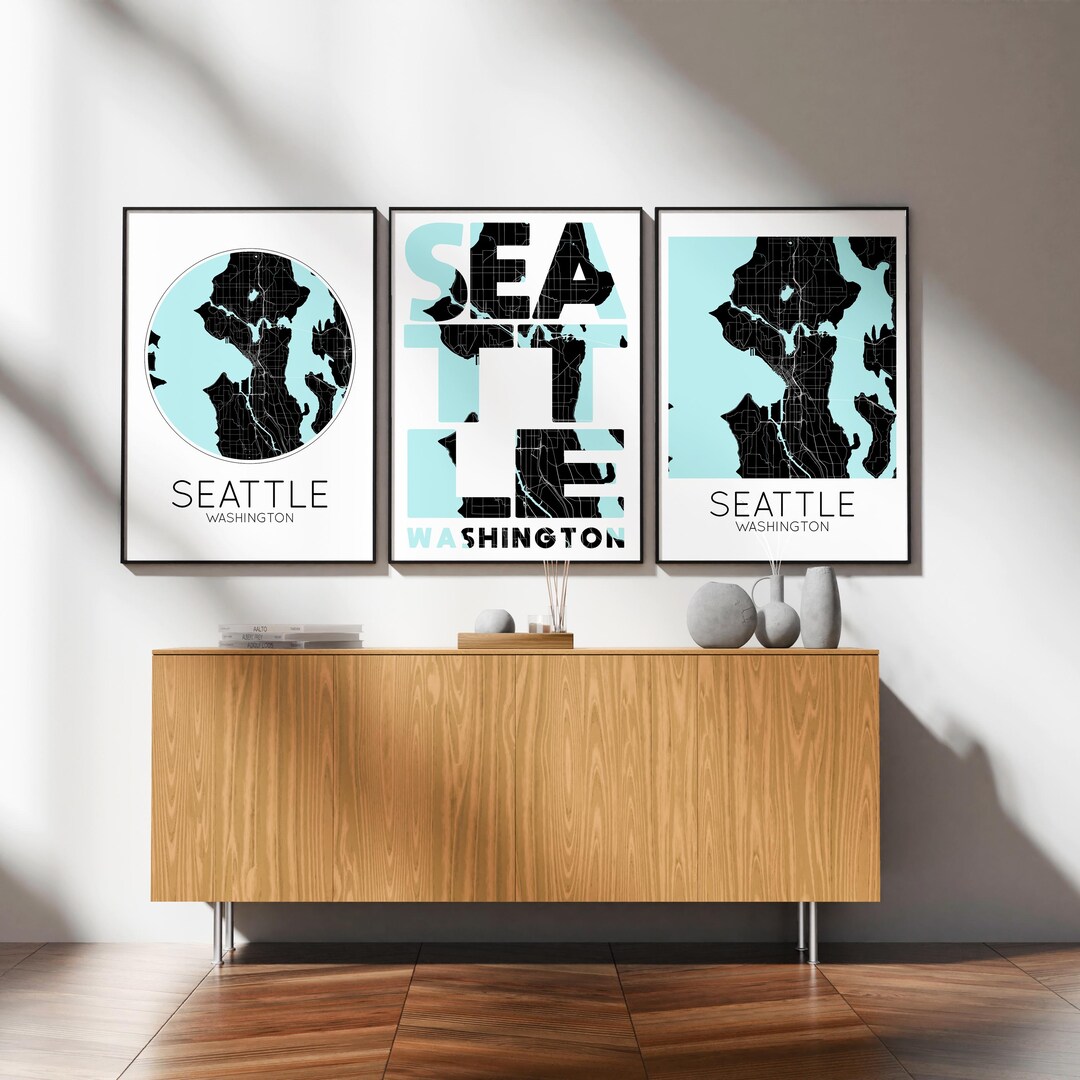 Seattle Poster Set of 3, Seattle City Wall Art, Seattle Map Poster Set ...