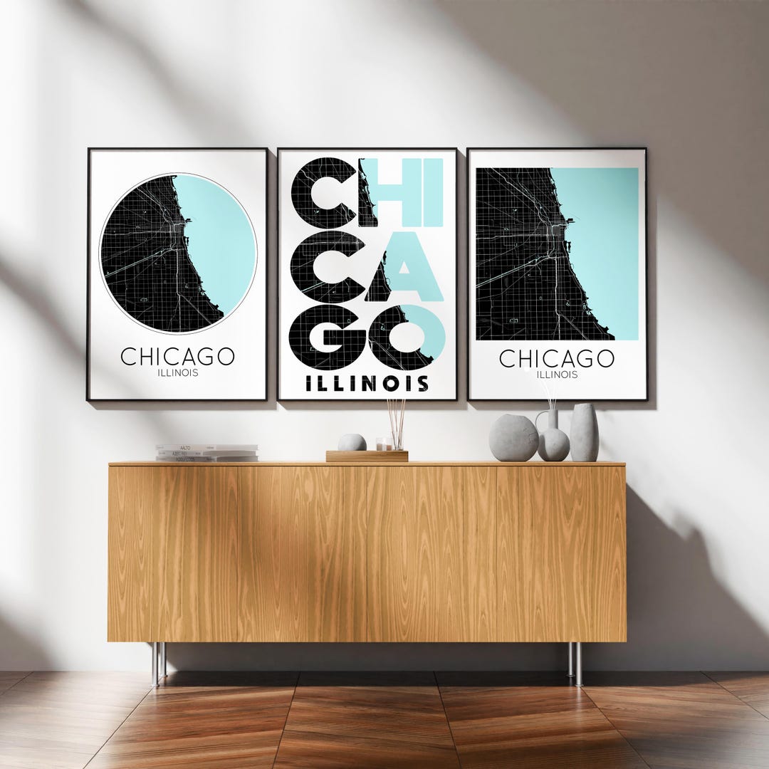 Chicago Poster Set of 3, Chicago City Wall Art, Chicago Map Poster Set ...