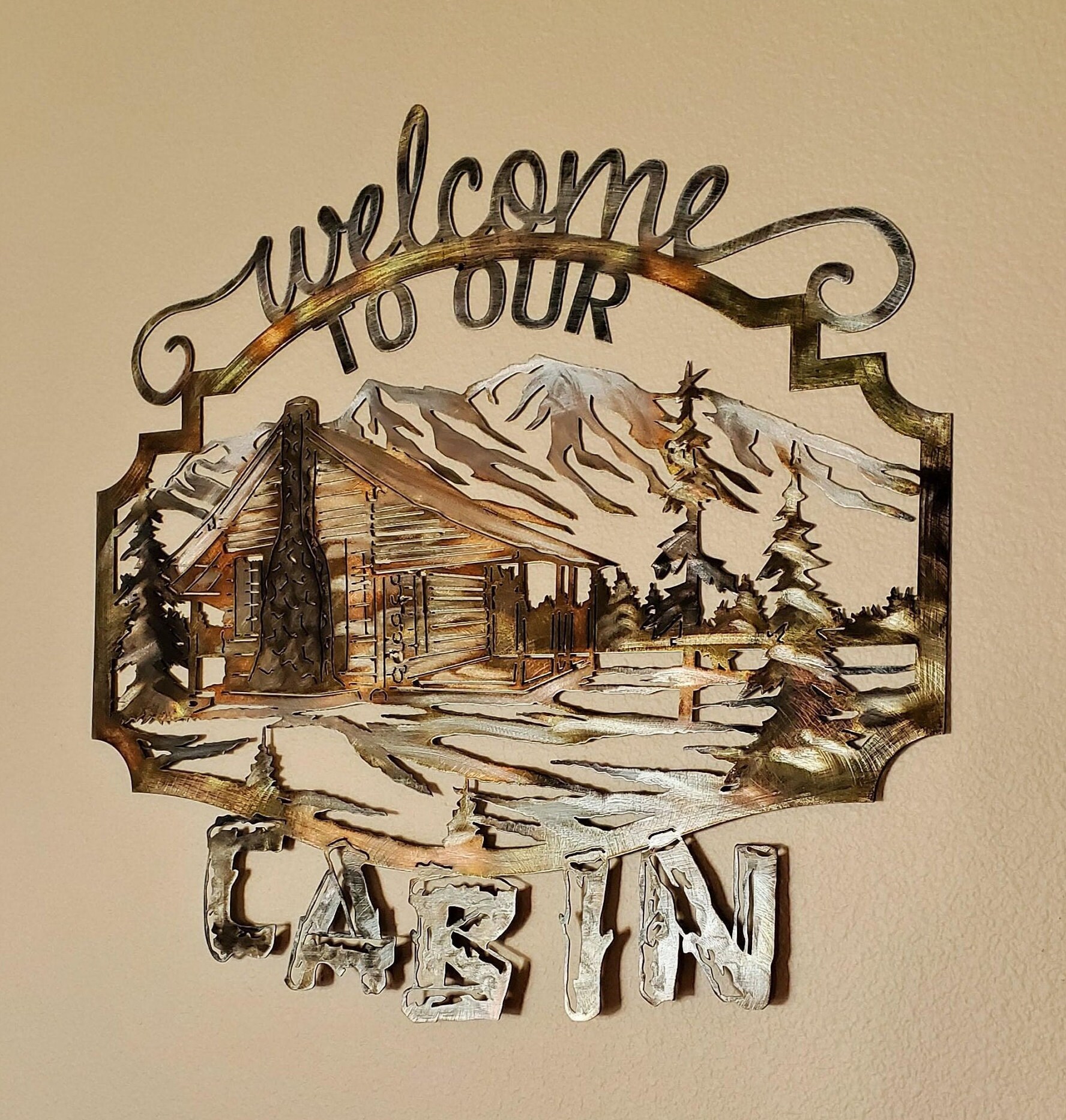 Welcome to Our Cabin Metal Wall Hanging | Rustic Lake House Decor ...