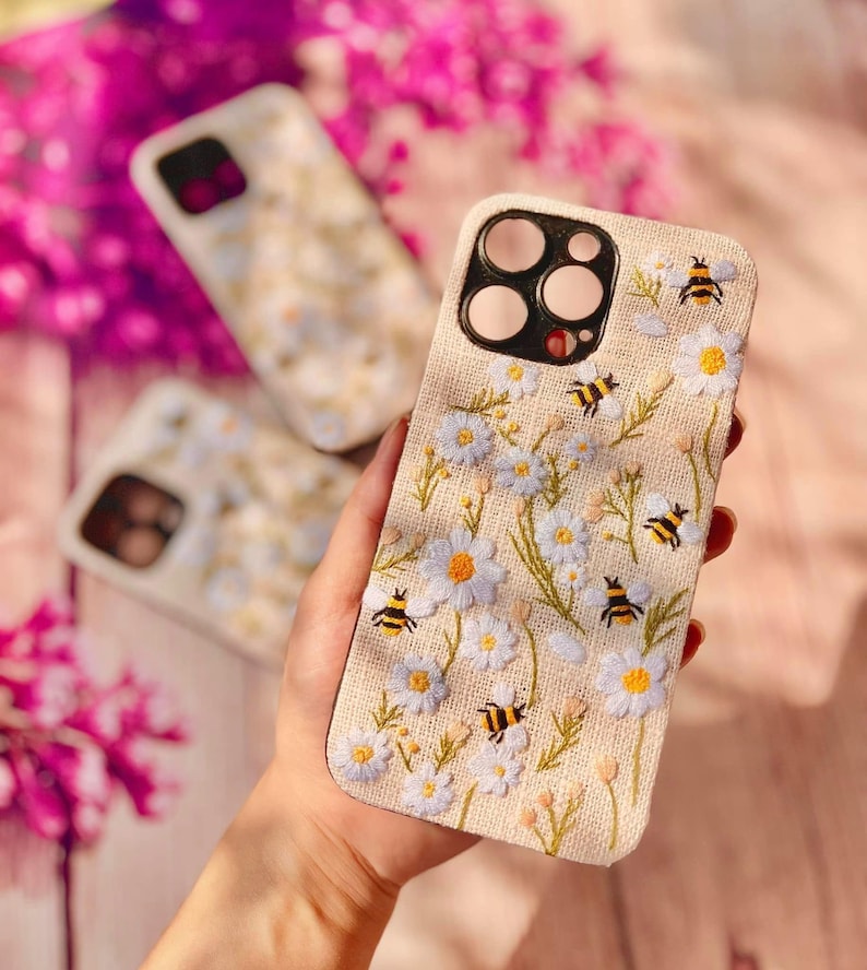 Hand-embroidered Phone Case With Beautiful Daisies. Unique Birthday ...