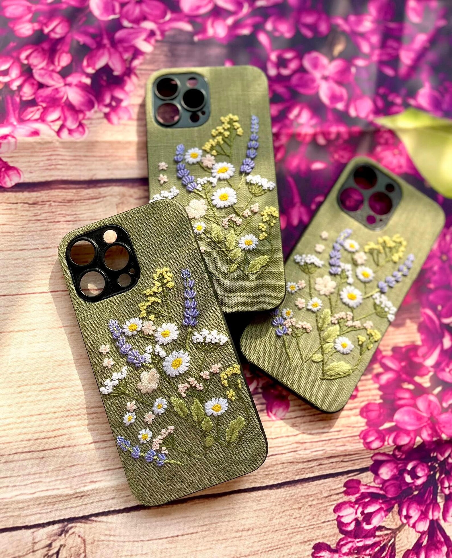 Green Phone Case With Beautiful Handmade Floral Embroidery. Gift for ...